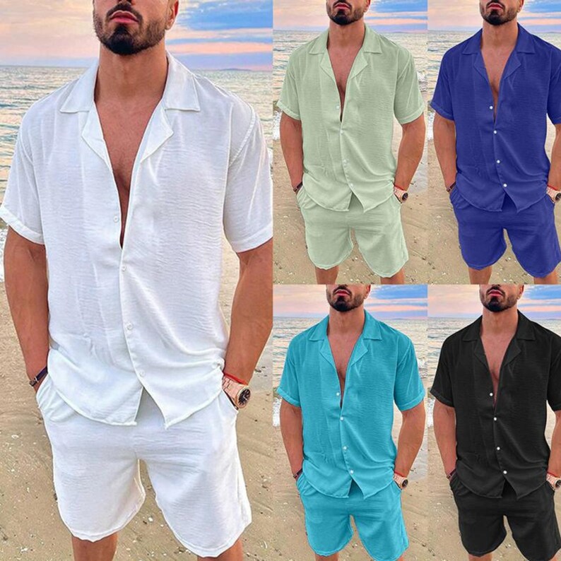 Mens Summer Casual Loose Two Piece Sets Beach Solid Etsy