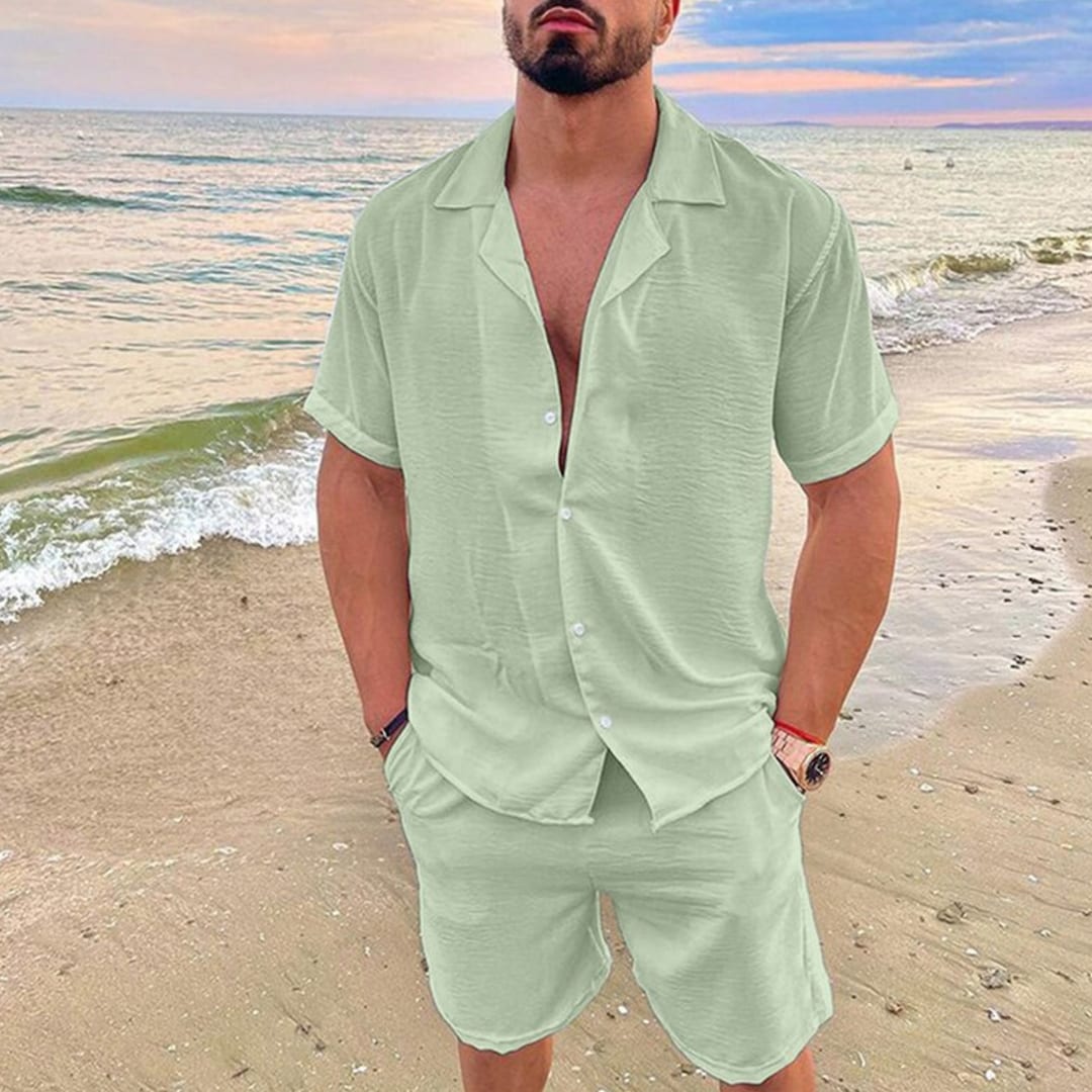 Mens Summer Casual Loose Two Piece Sets Beach Solid Etsy