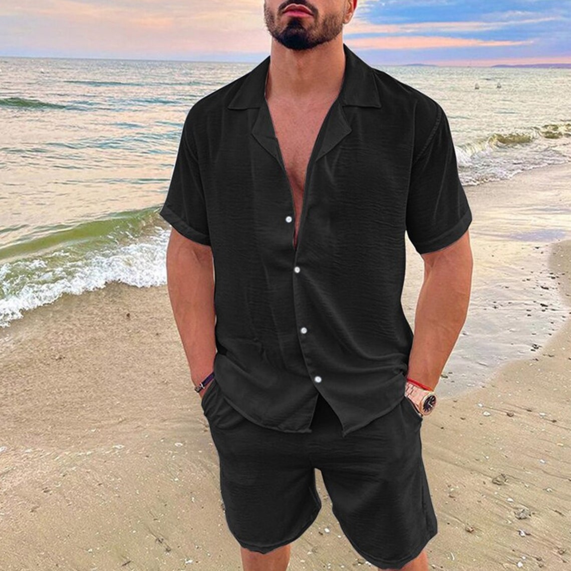 Mens Summer Casual Loose Two Piece Sets Beach Solid Etsy