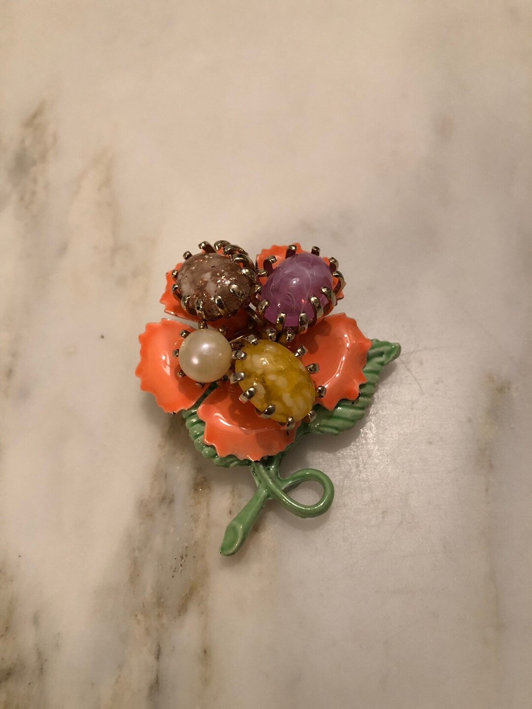 Vintage Hand Painted Enameled Flower Brooch With Tumbled Stones and ...
