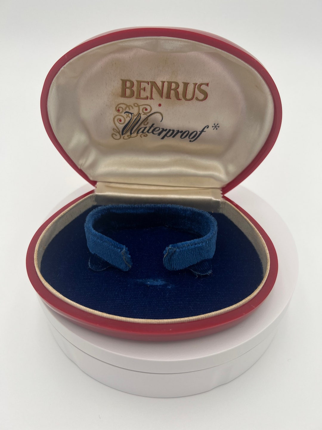 Vintage Benrus Waterproof Watch Box Red Plastic With Blue Velvet Lining ...