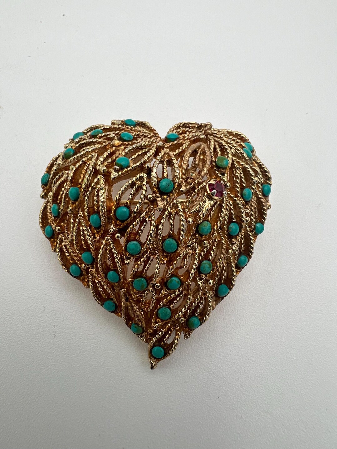 Vintage Capri Textured Gold Heart Brooch With Turquoise Beads and Ruby ...