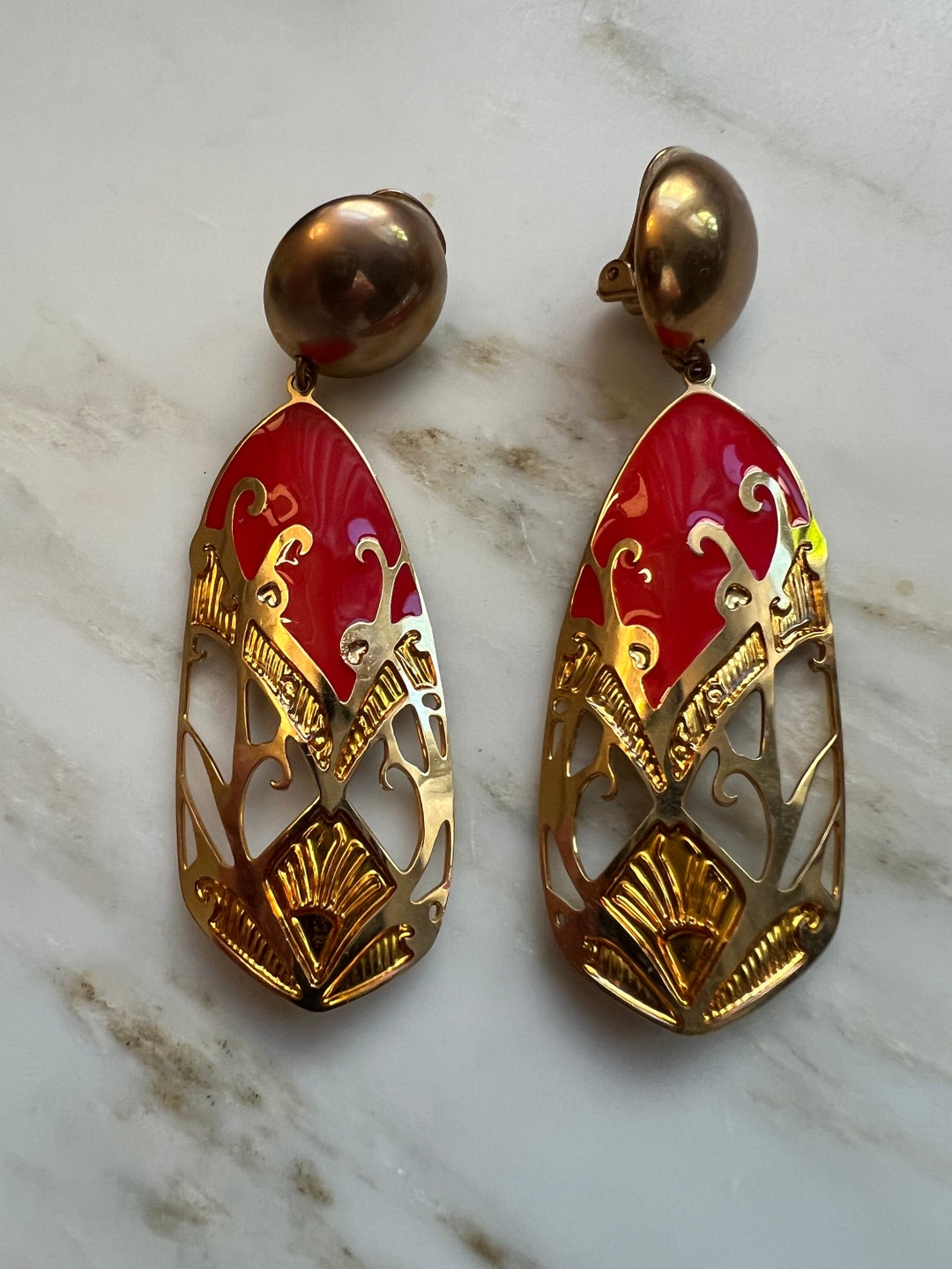 Vintage Berebi Gold Tone Red Enamel Dangle Earrings - Etsy