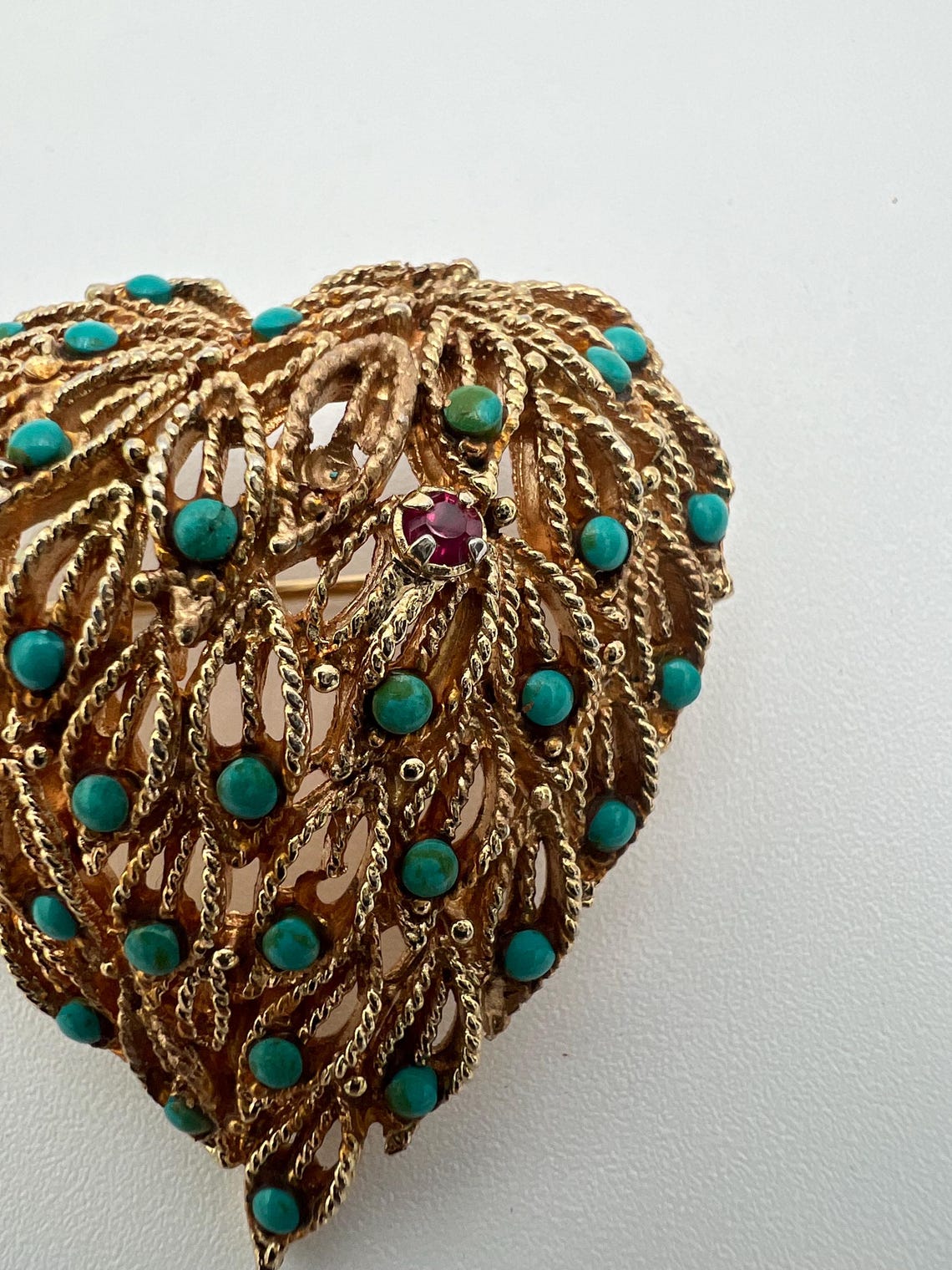 Vintage Capri Textured Gold Heart Brooch With Turquoise Beads and Ruby ...