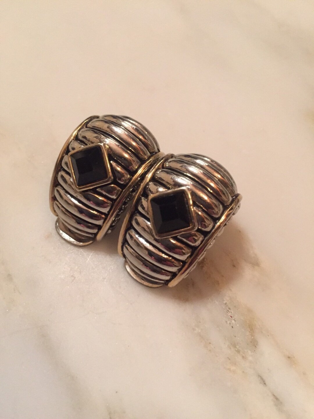 Vintage Silver Tone Half Hoop Clip Earrings With Faceted Onyx ...