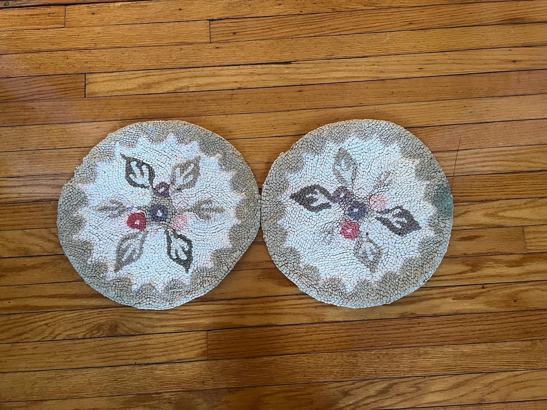 Antique Set of 2 14” Round Hand Hooked Chair Pad Cushion,floral Design ...
