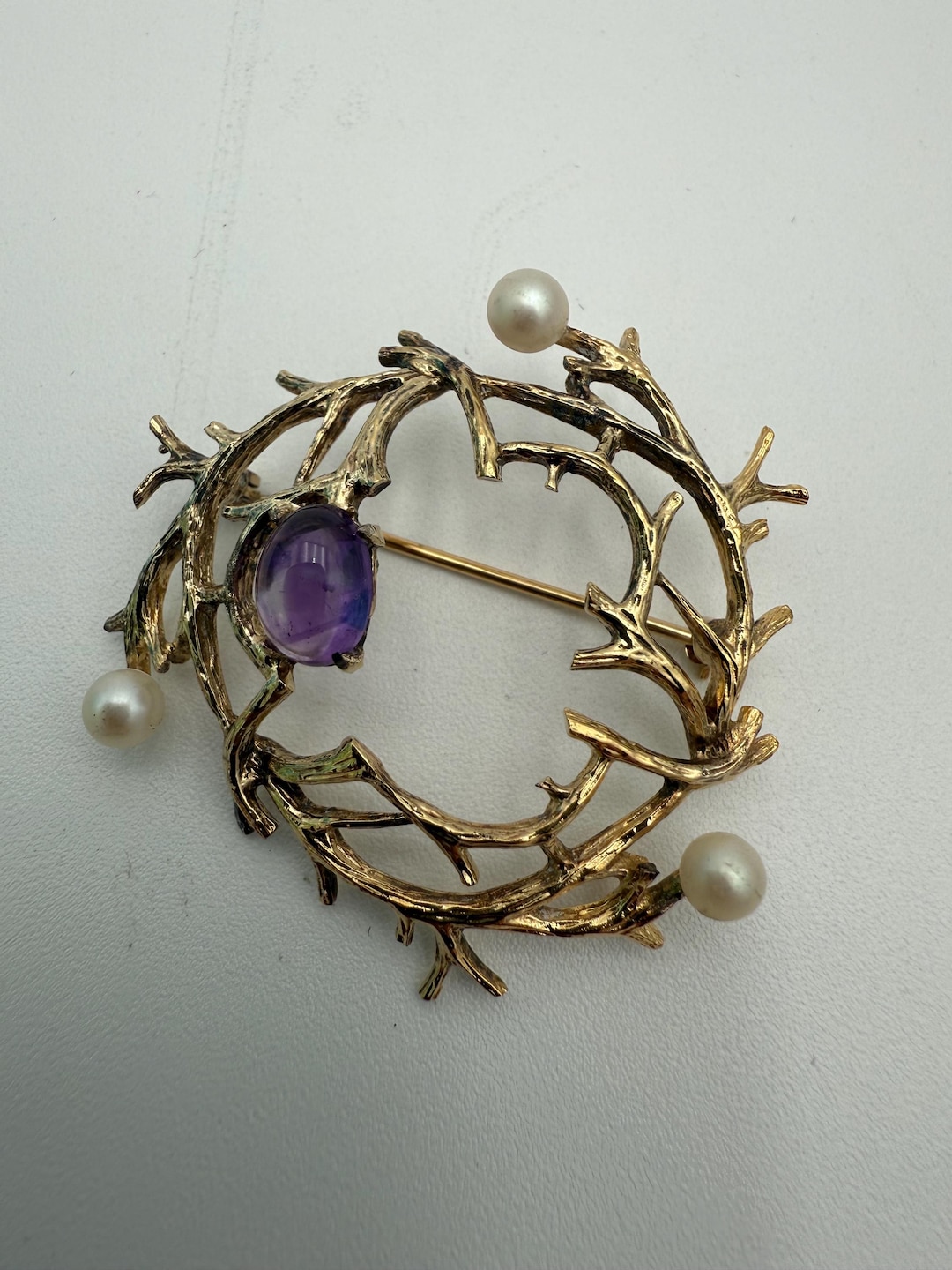 Vintage Wells Sterling Vermeil Pearl and Amethyst Branch Wreath Brooch ...