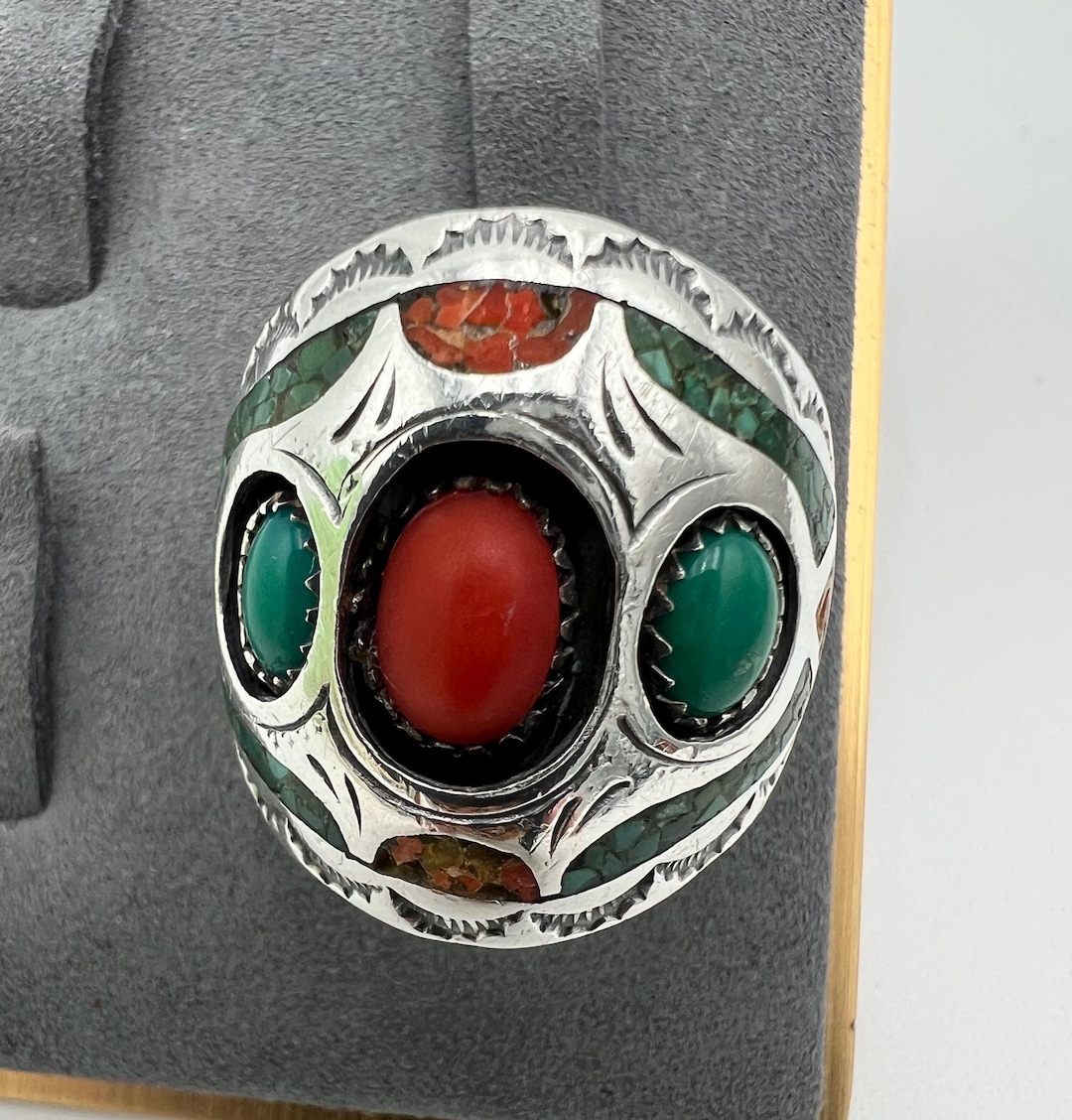 Richard Begay Navajo Sterling Turquoise Coral Inlay Shadowbox Ring ...
