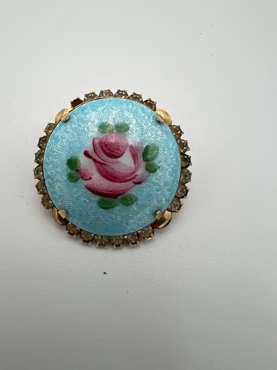Vintage Blue Guilloche Enamel Rose Rhinestone Brooch - Etsy