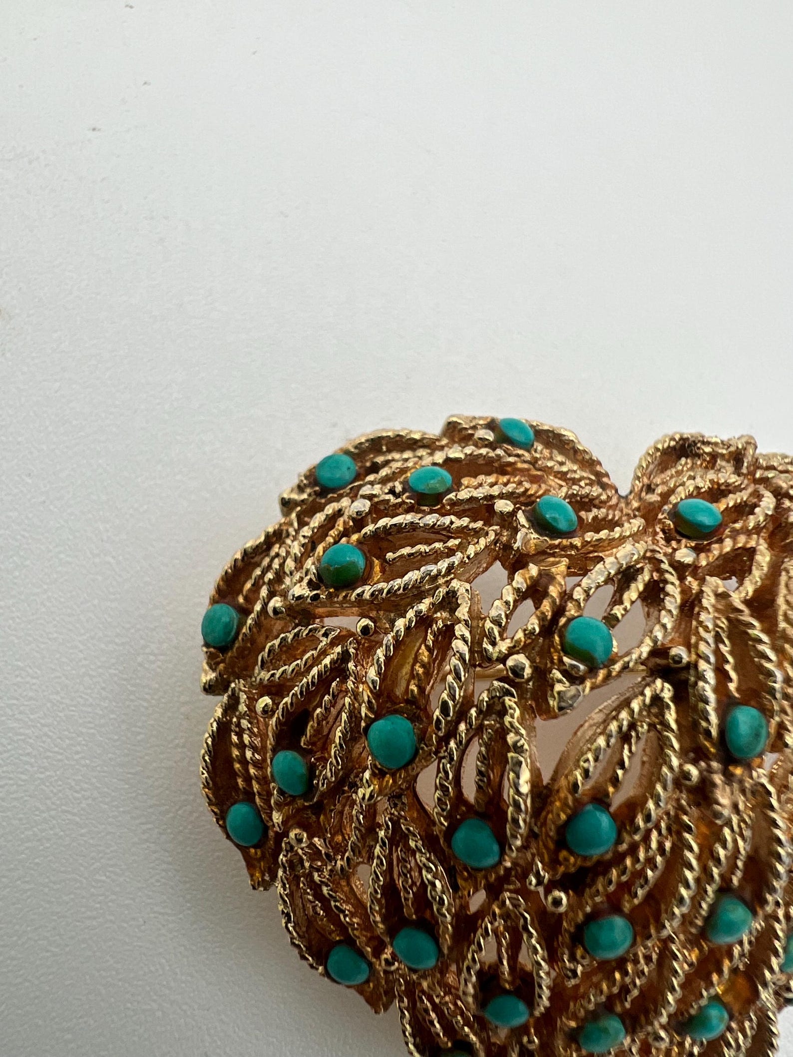 Vintage Capri Textured Gold Heart Brooch With Turquoise Beads and Ruby ...