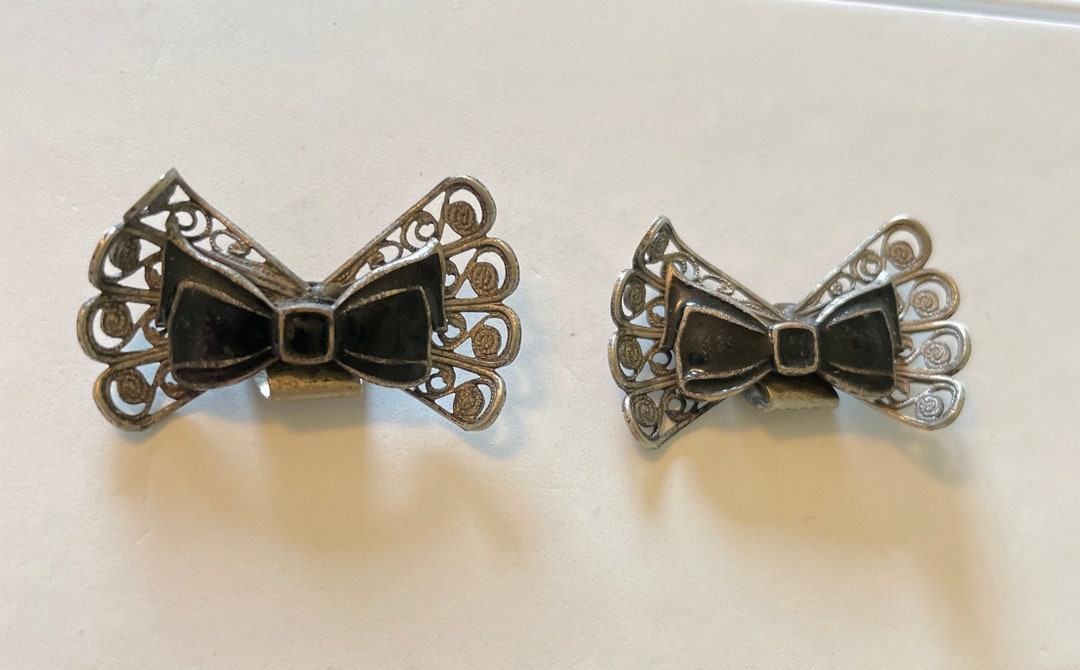 Vintage Silver Filigree and Black Enameled Bow Shoe Clipsvintage - Etsy