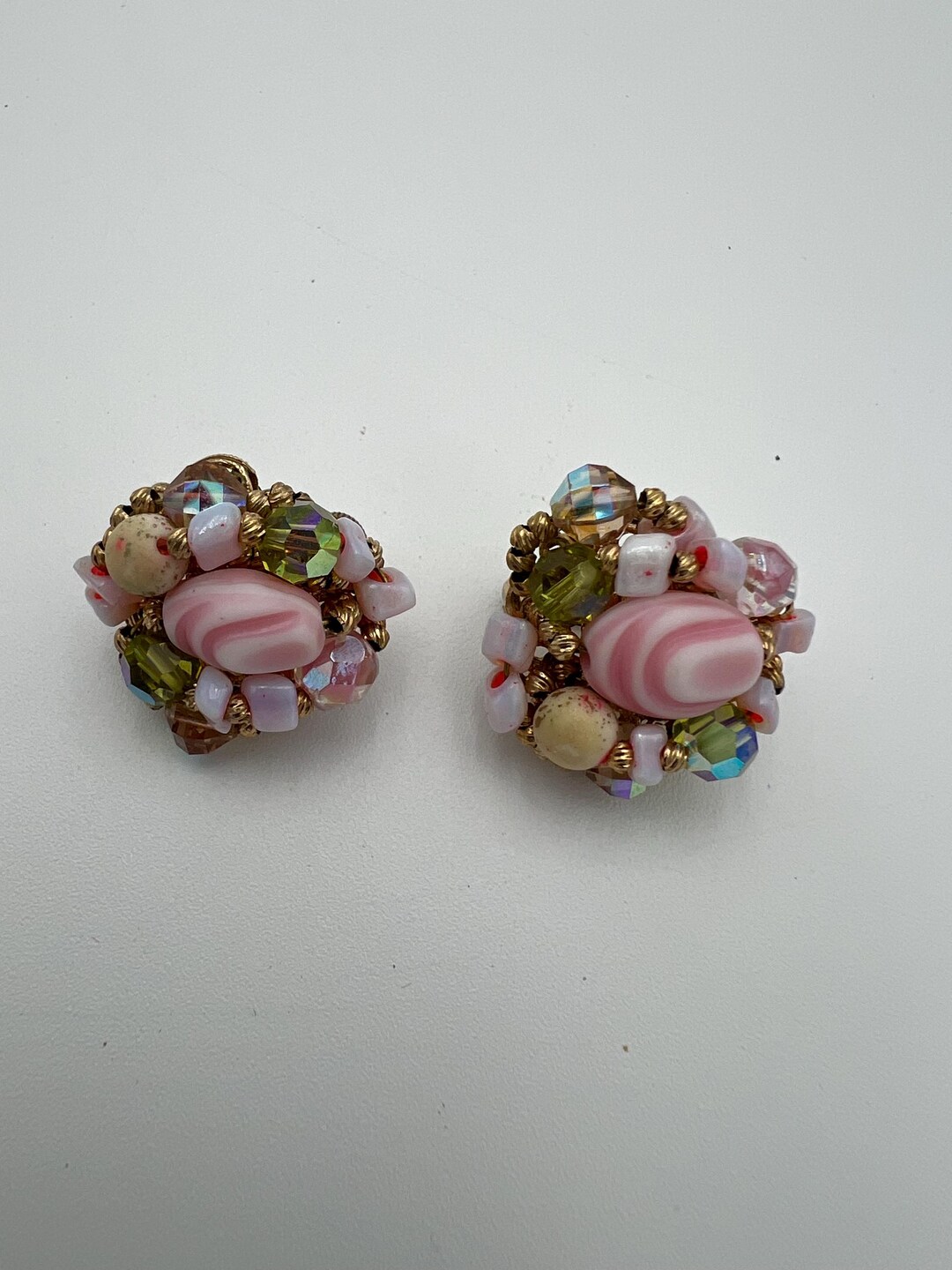 Vintage Vendome Pink Molded Glass and Green Ab Crystal Rhinestone Clip ...