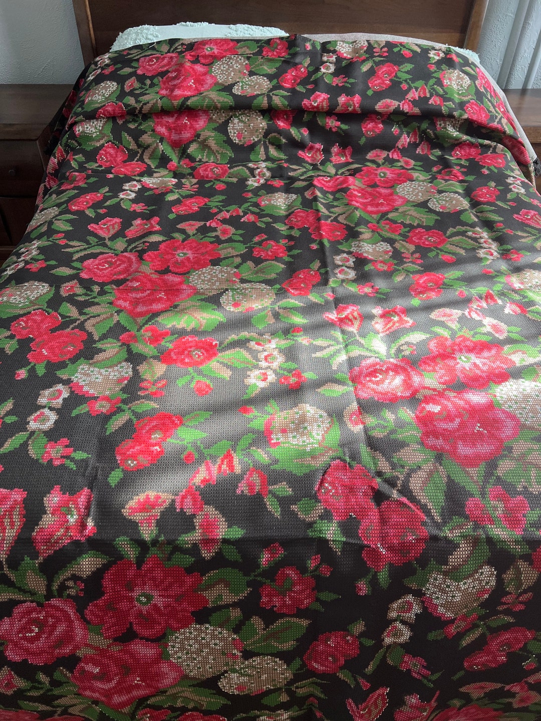 Vintage Bates Floral Twin Bedspread, Black Fringe, NOS - Etsy