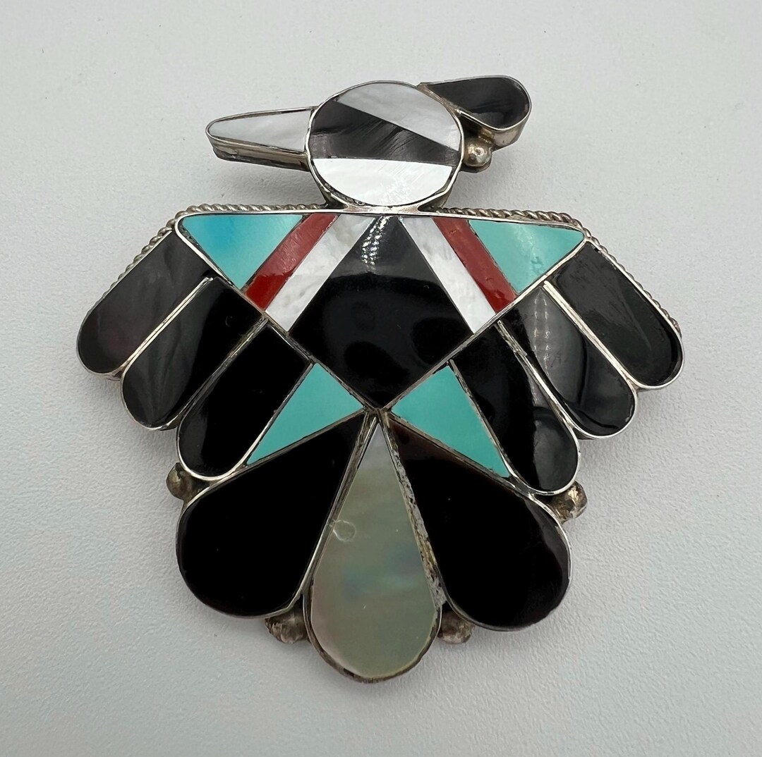 Vintage Zuni Thunderbird Unsigned Sterling Silver Inlaid Stone Brooch ...