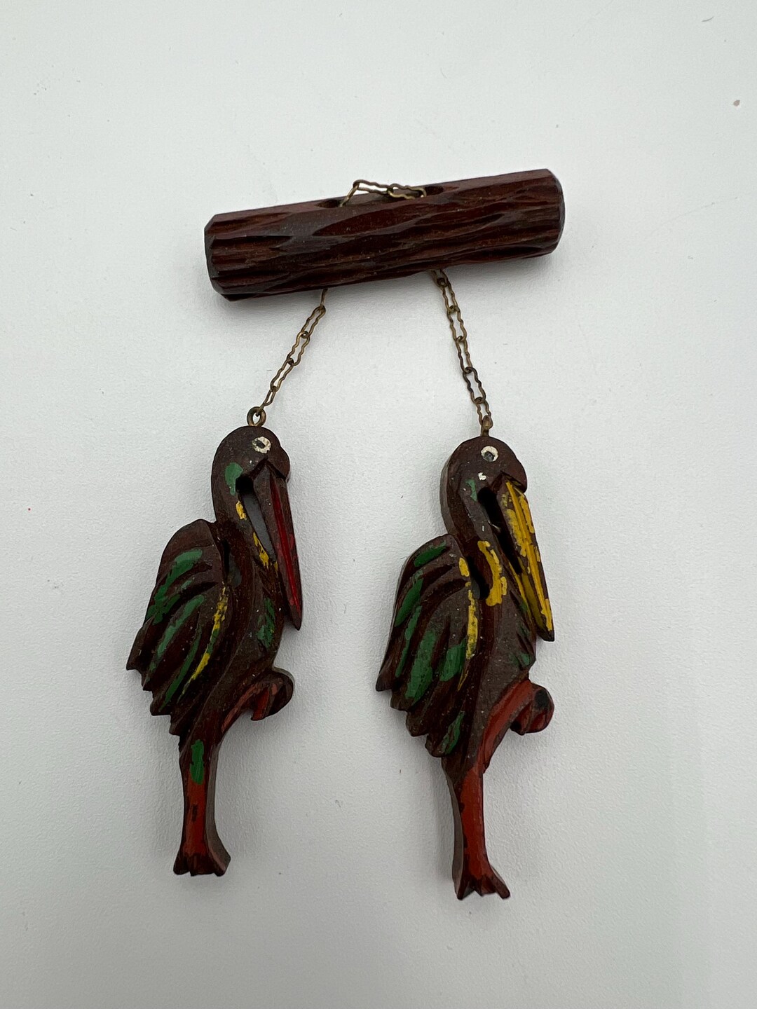 Vintage 1930s Carved Wood Flamingos Birds Brooch on Chains - Etsy