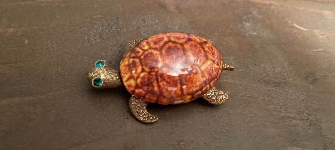 Vintage Brass Turtle Brooch With Majolica Glaze Ceramic Shellvintage - Etsy