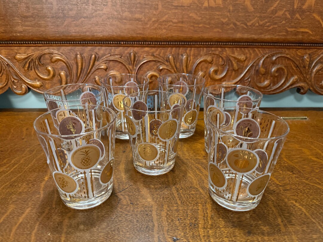 Set of 7 Mid-century Modern Fred Press Glasses With Gold Fruit Motif - Etsy