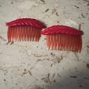 Vintage Red Plastic Feather Pattern Hair Combs, Made in USA. 3 Wide X 2 ...