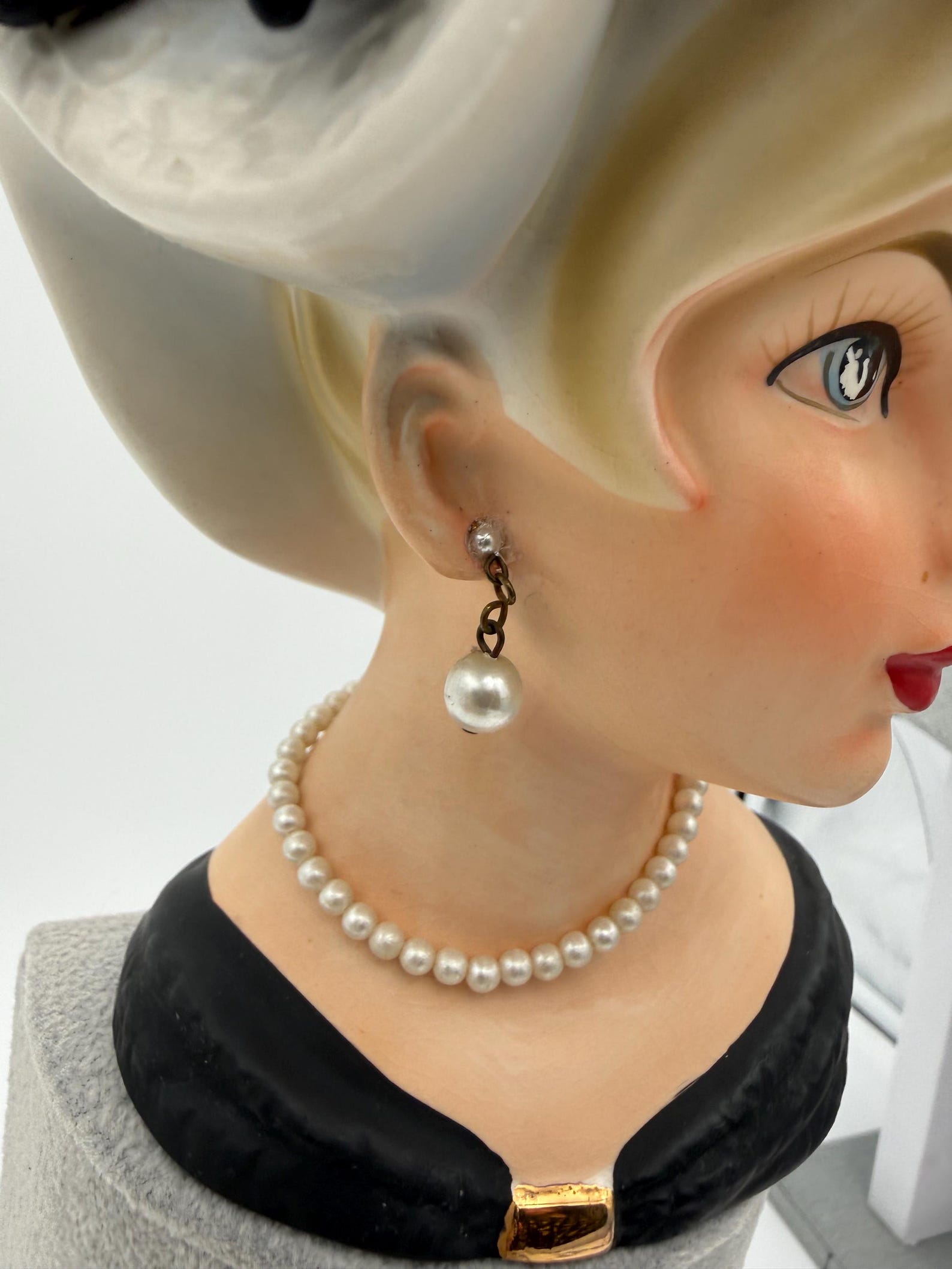 Vintage Relpo Head Vase With Hat and Pearl Necklace and Earrings K1679 ...