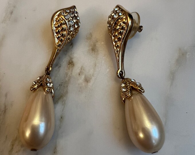 Vintage Erwin Pearl Faux Pearl Rhinestone Teardrop Dangle Pierced ...