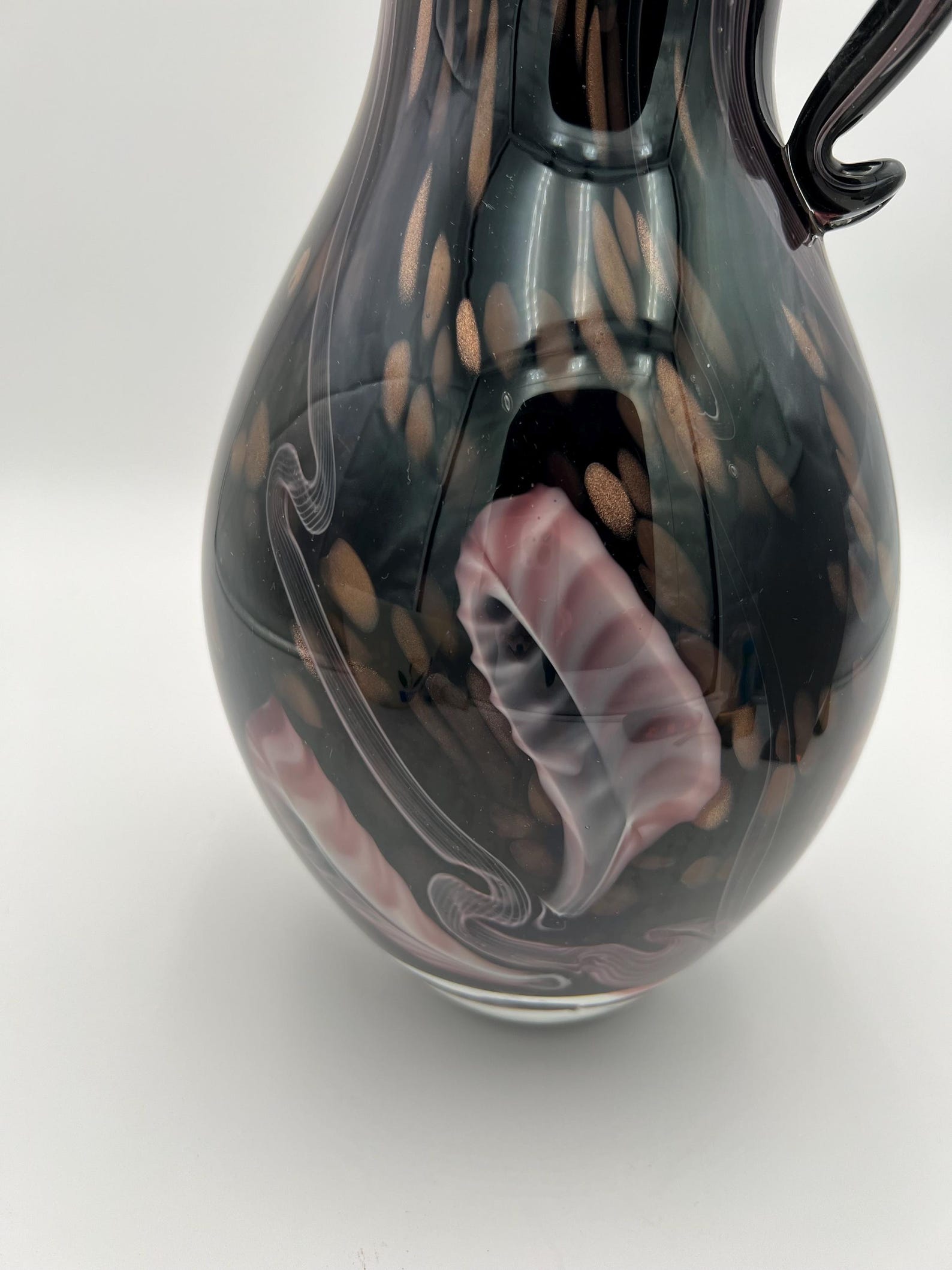 JL Blown Glass Metallic Copper and Pink Black Glass Pitcher Vasevintage ...