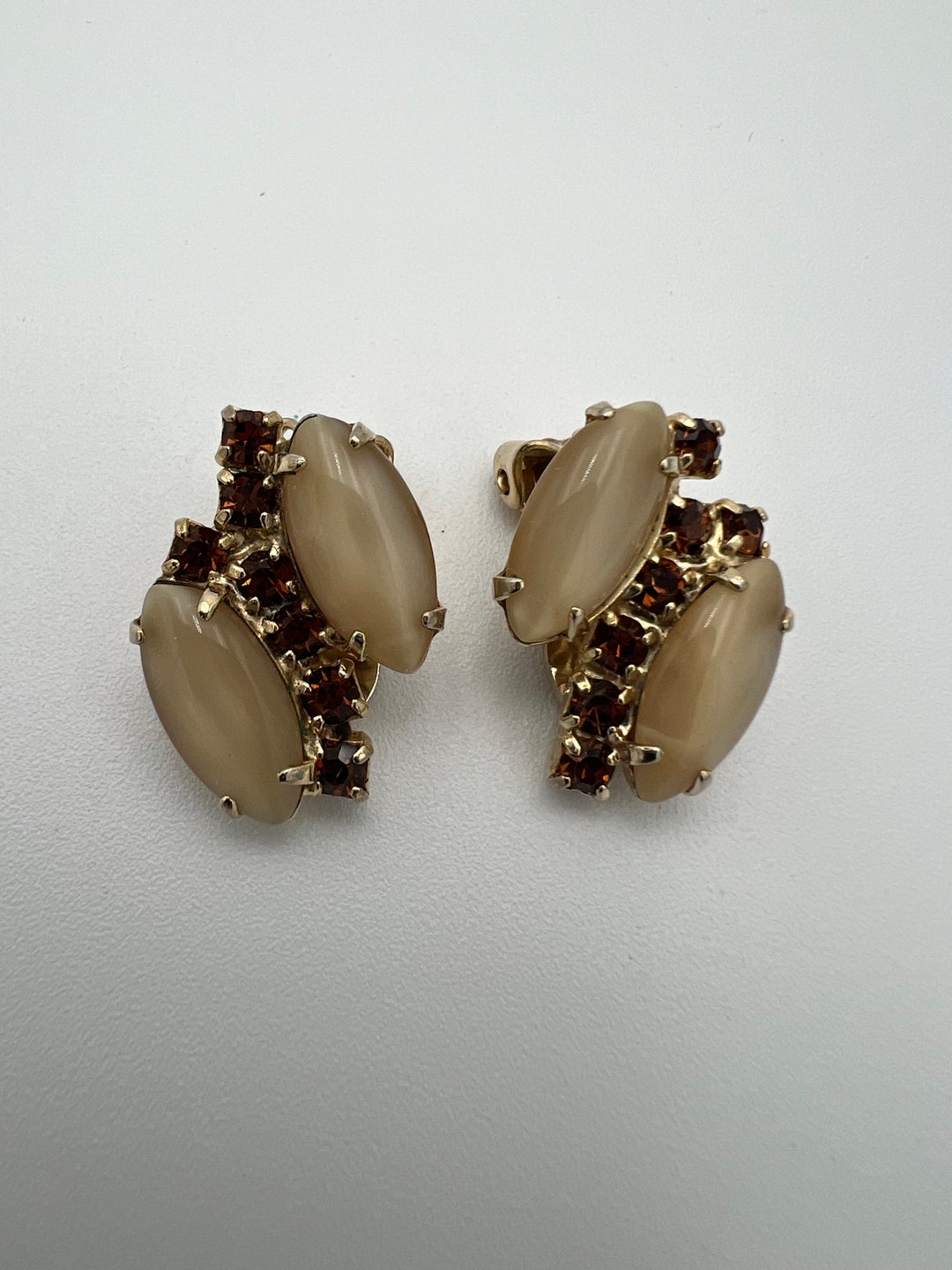 Vintage Pearly Moonstone and Topaz Rhinestone Clip Earringsvintage - Etsy