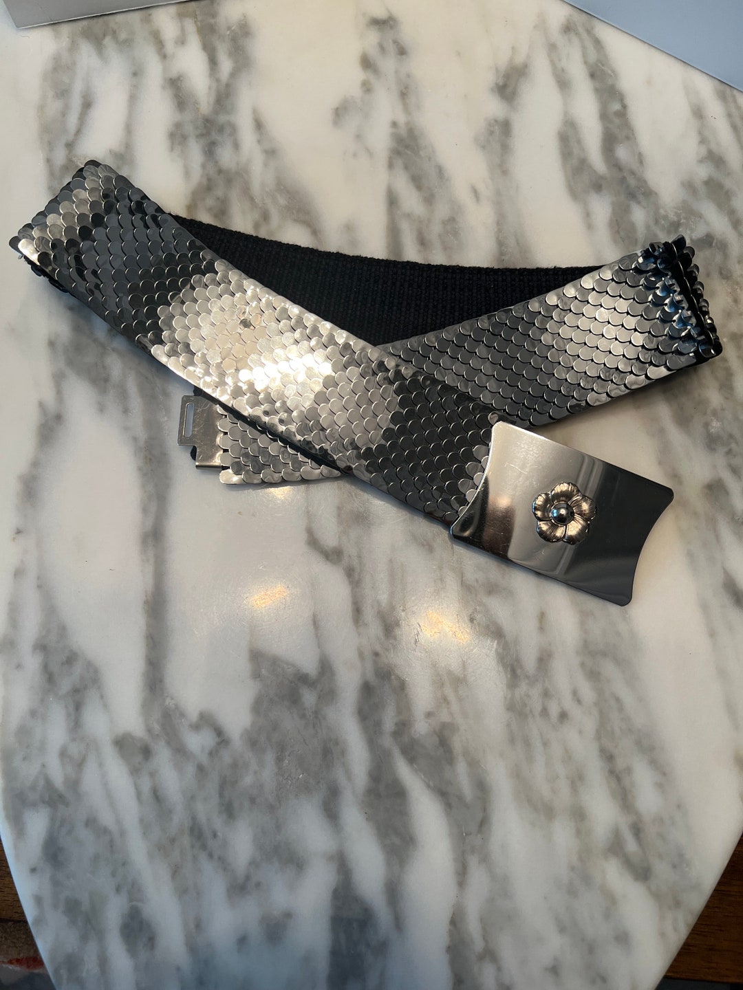 Vintage Silver Chrome Metal Stretch Belt With Flower Buckle - Etsy
