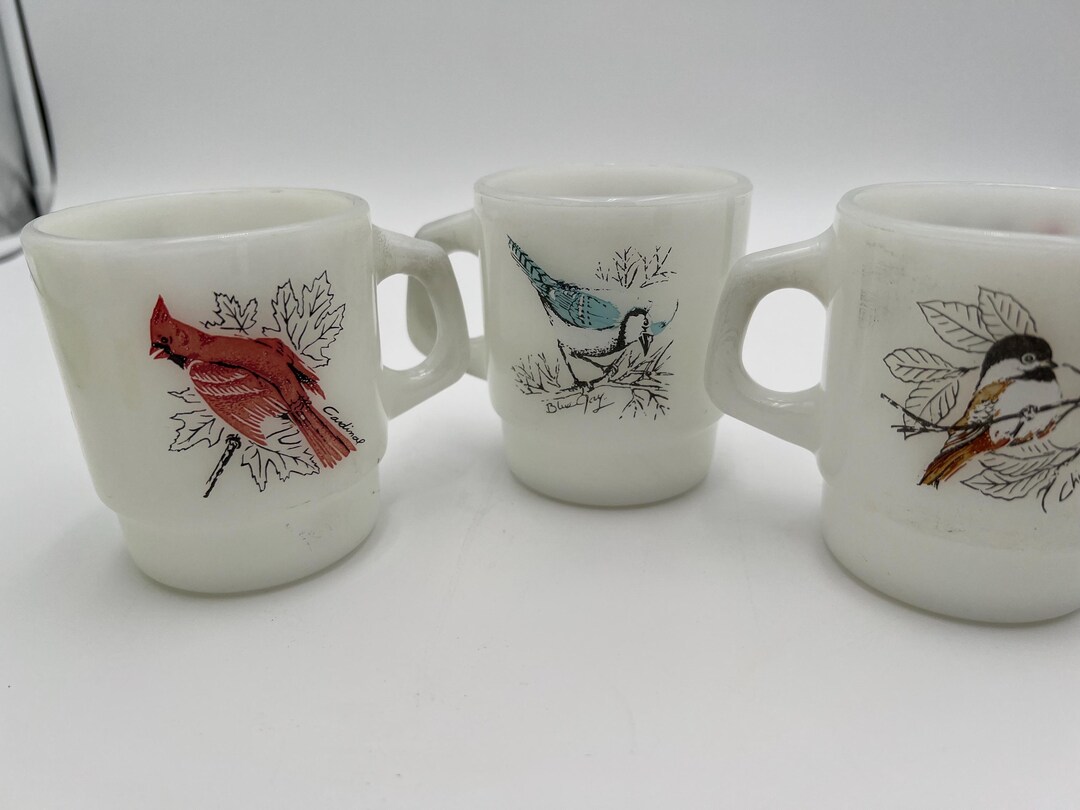 Vintage Anchor Hocking Fire King Milk Glass Birds Mugs Blue Jay ...
