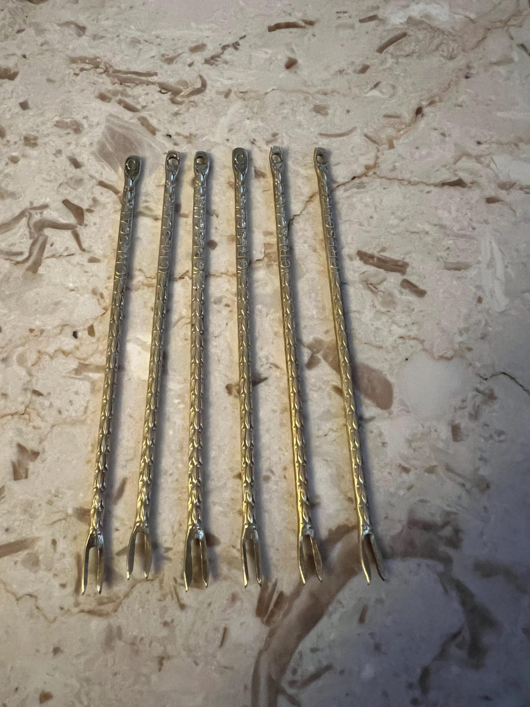 6 Rare Vintage Gold/brass Cresca Condiment, Hors D'oeuvre Fork With Two ...