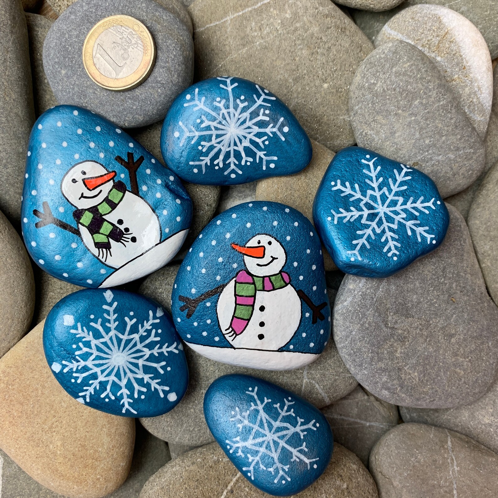 Painted Stones Snowmen and Snowflakes Set 3, Acrylic on Stone, Pebbles ...