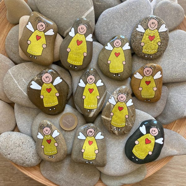 Painted Stones Guardian Angel 2, Acrylic on Stone, Pebble, Natural ...
