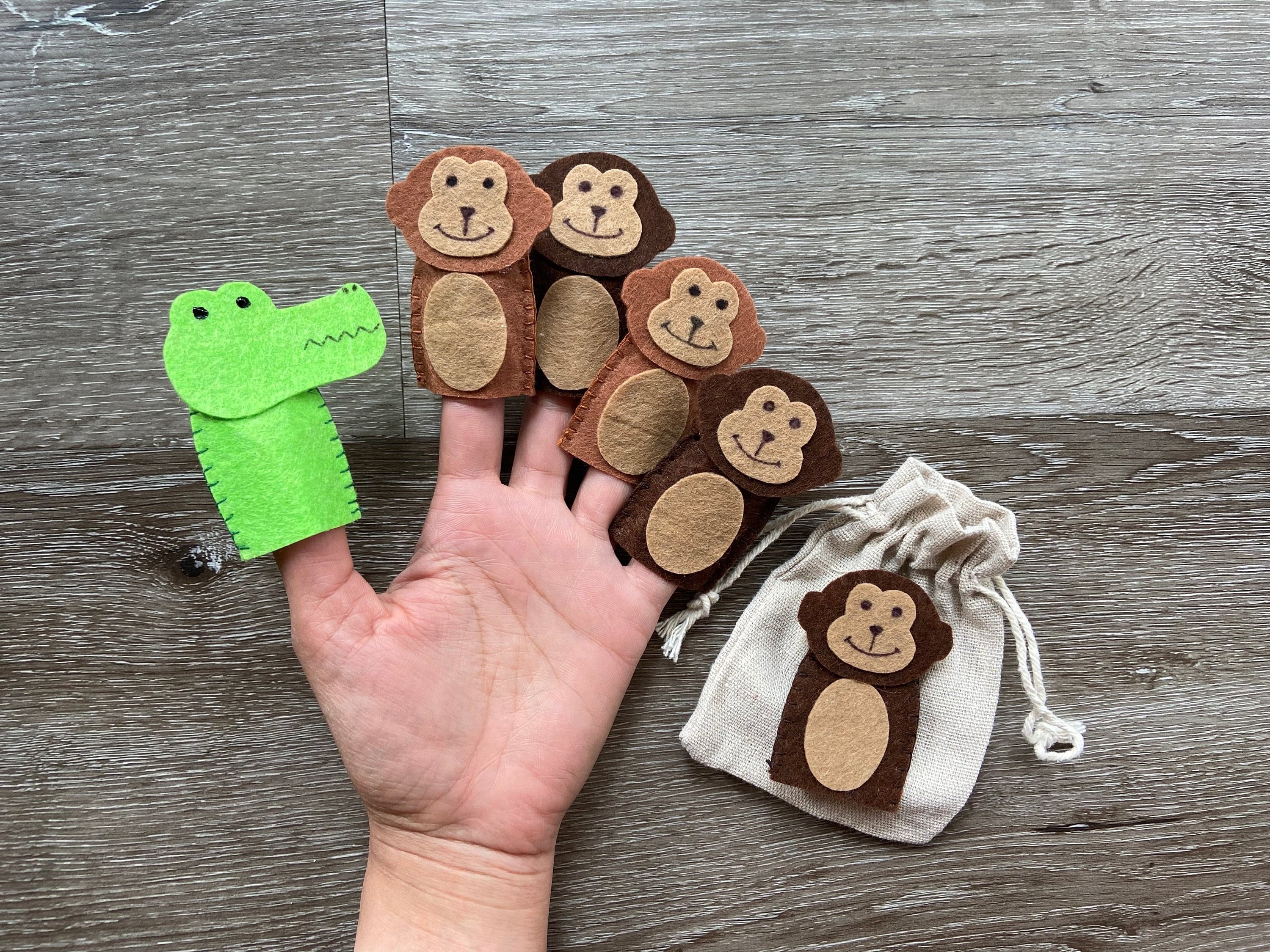 Five Cheeky Monkeys and Mr Crocodile Felt Finger Puppet Set One Cotton ...