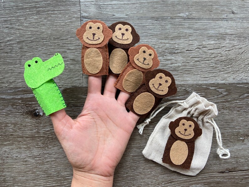 Five Cheeky Monkeys and Mr Crocodile Felt Finger Puppet Set + One ...