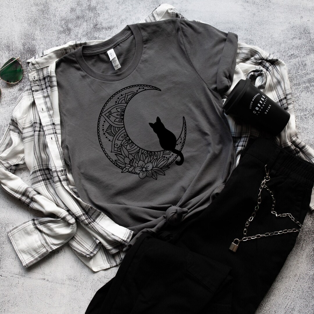 Black Cat on the Moon Tshirt, Floral Moon, Crescent Flower Moon, Flower ...