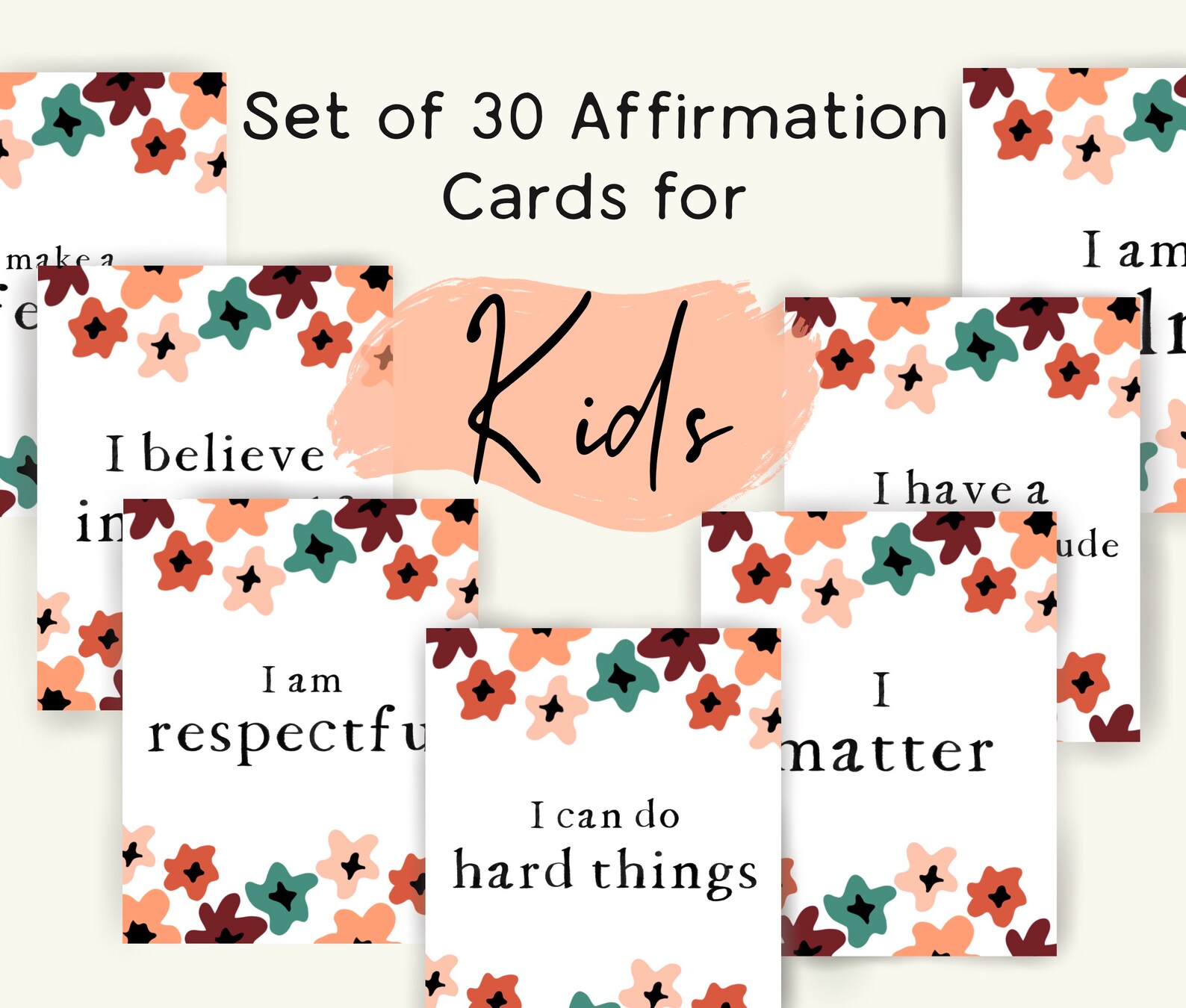 Floral Set of 30 Affirmation Cards for Kids Printable Cards for ...