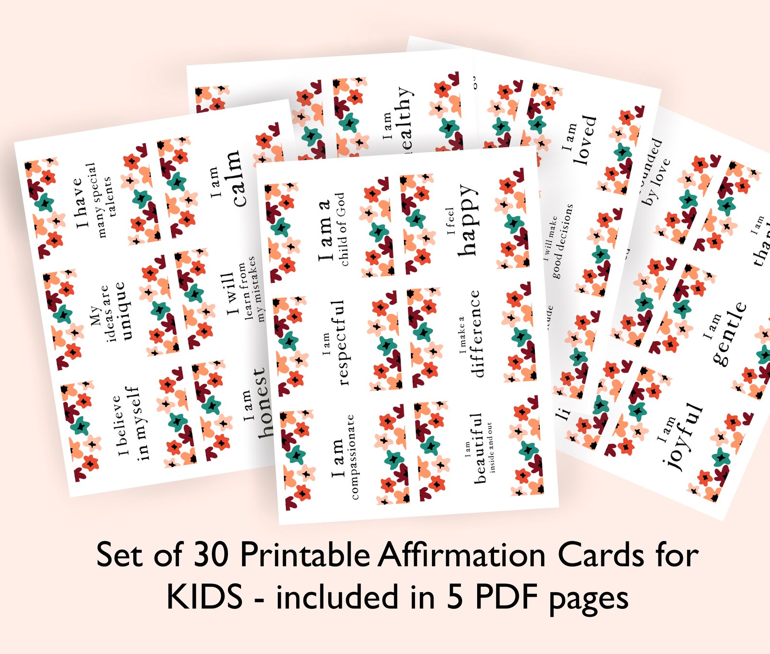 Floral Set of 30 Affirmation Cards for Kids Printable Cards | Etsy