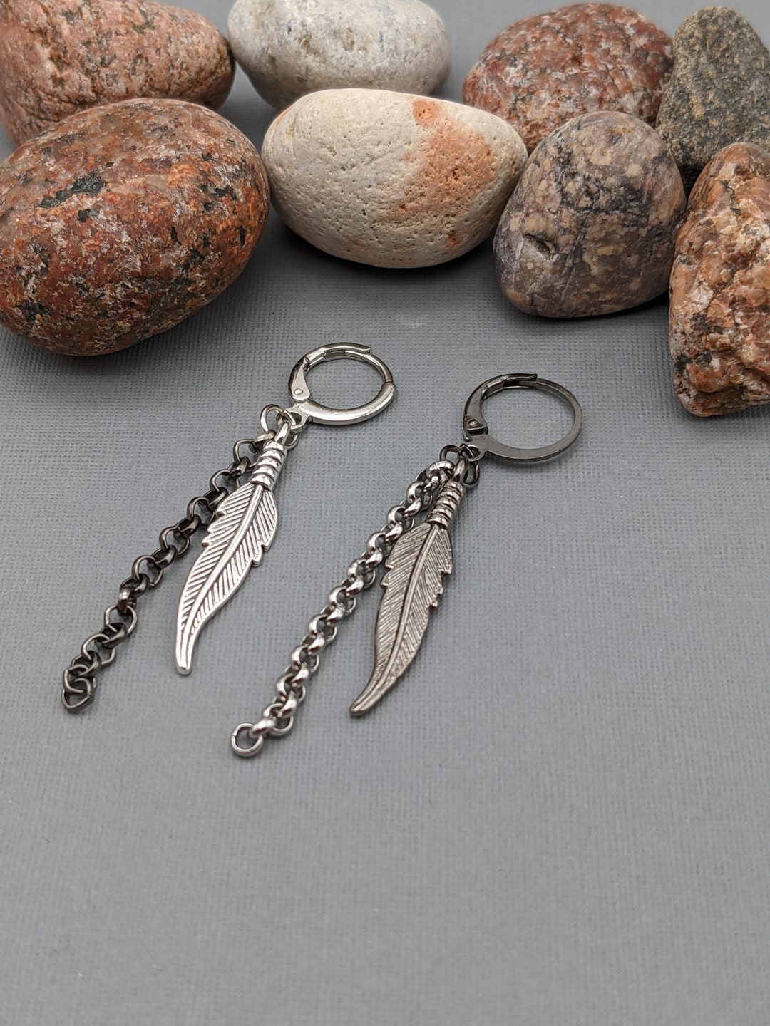One Men Dangle Guys Dangle Feather Earring Men Gunmetal - Etsy UK
