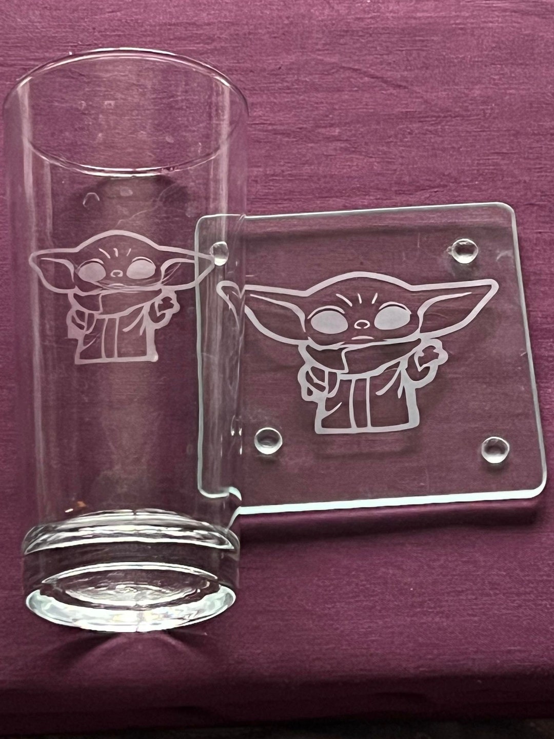Baby Yoda Etched Glass and Coaster - Etsy UK