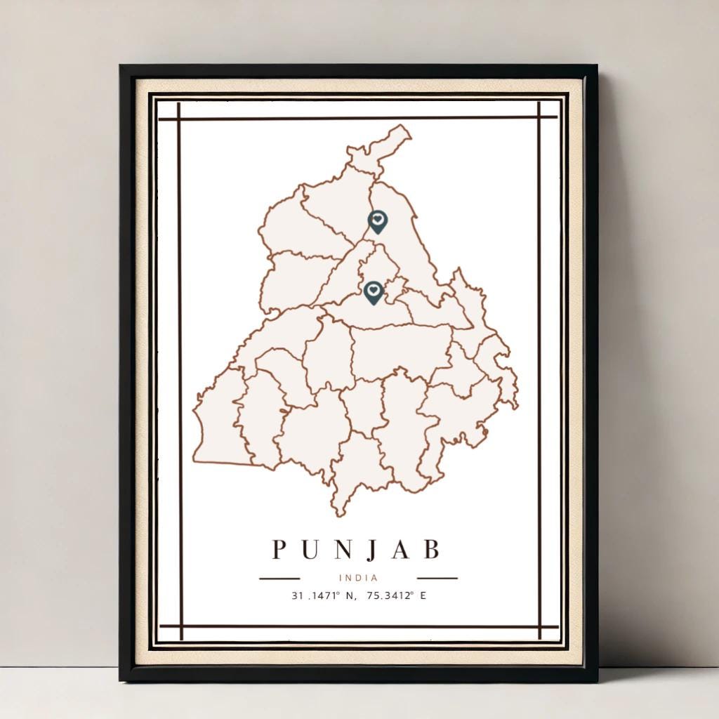 Personalized Map of Punjab With Coordinates - Etsy