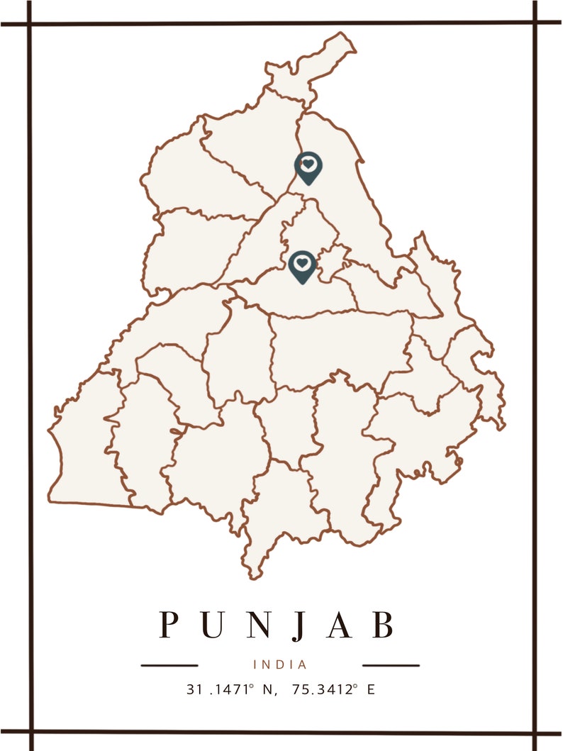 Personalized Map of Punjab With Coordinates - Etsy