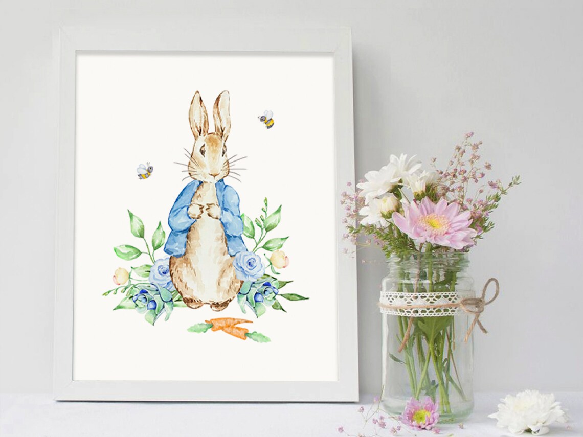 Peter Rabbit Wall Art Cute Bunny With Greenery Floral Print Boys ...
