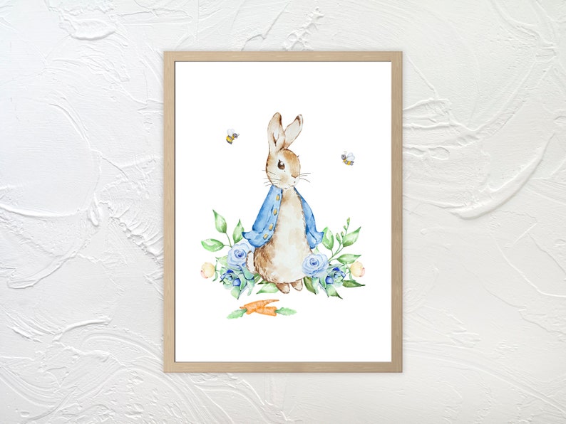 Peter Rabbit Wall Art Cute Bunny With Greenery Floral Print Boys ...
