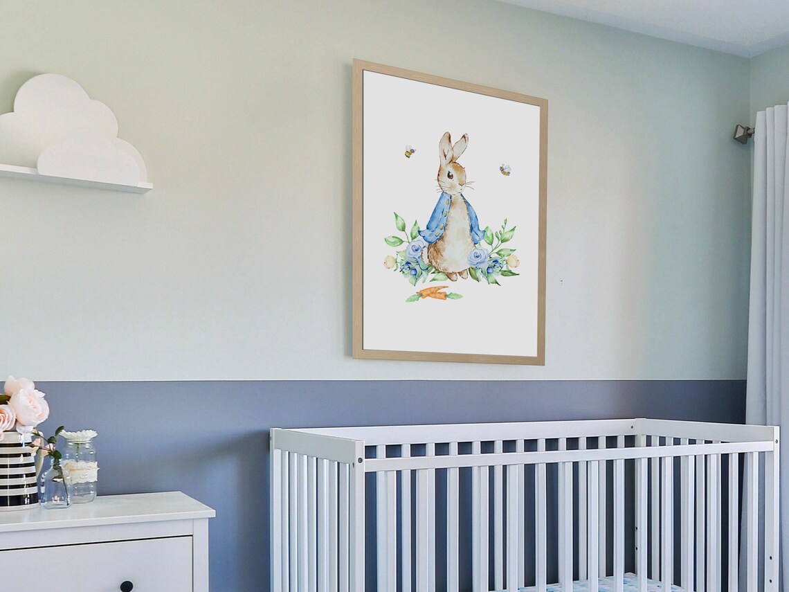 Peter Rabbit Wall Art Cute Bunny With Greenery Floral Print Boys ...