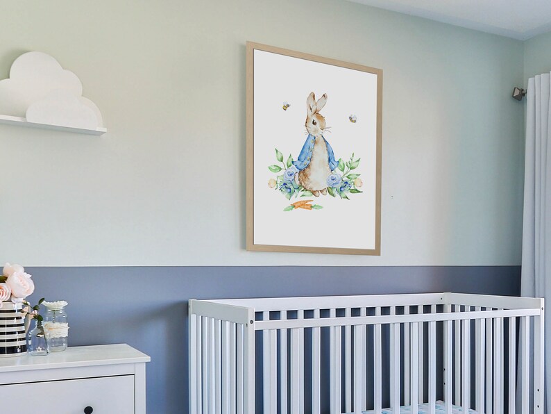 Peter Rabbit Wall Art Cute Bunny With Greenery Floral Print Boys ...