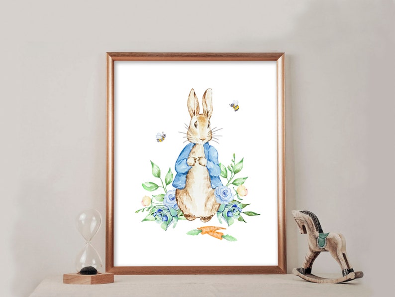 Peter Rabbit Wall Art Cute Bunny With Greenery Floral Print Boys ...