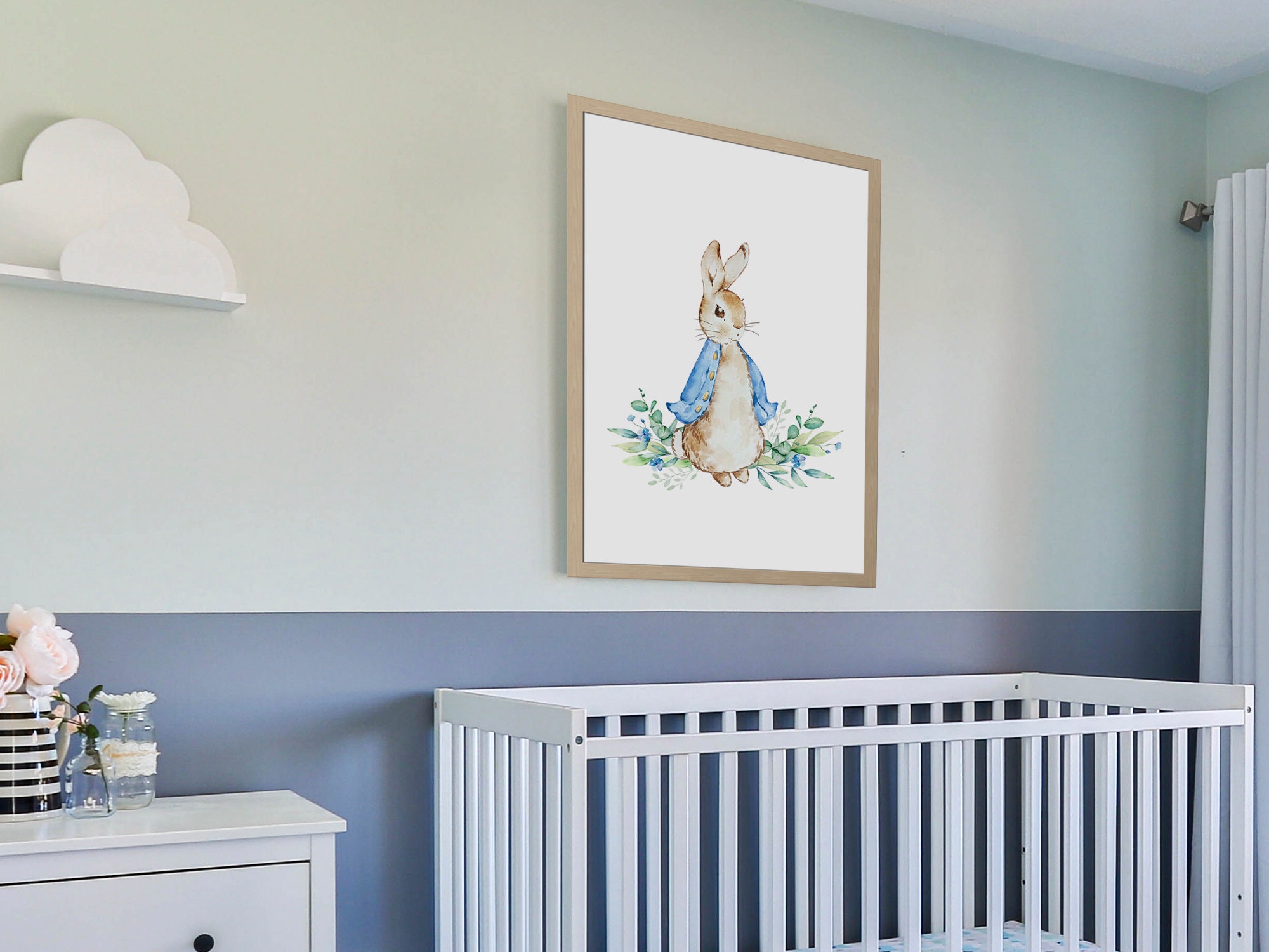 Peter Rabbit Wall Art Cute Bunny With Greenery Floral Print Boys ...