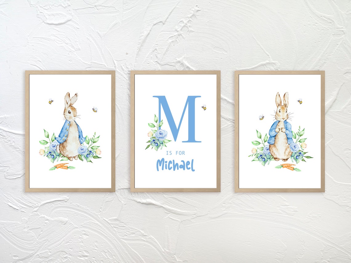 Personalized Baby Name Wall Print Watercolor Peter Rabbit Blue Monogram ...