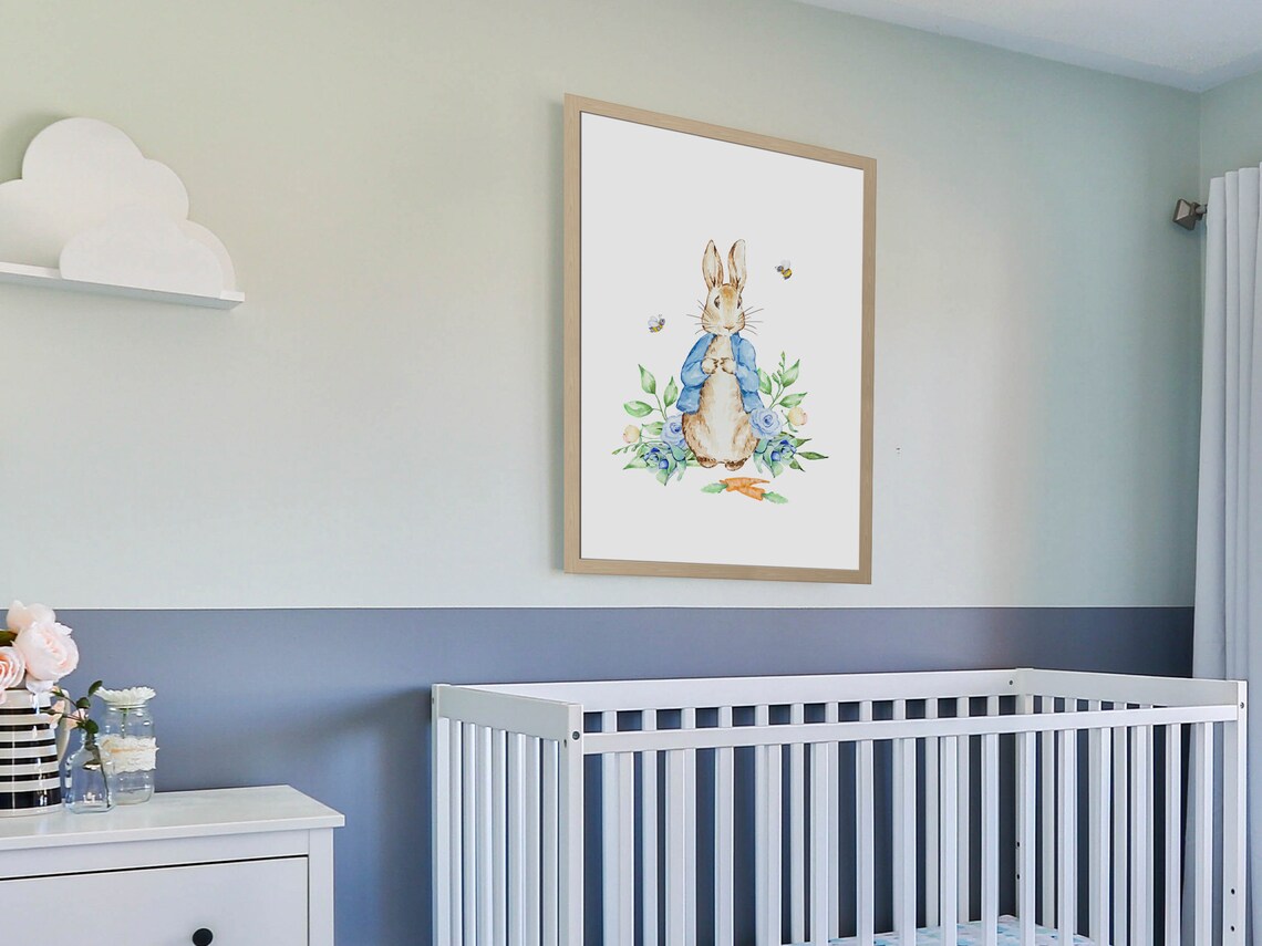 Peter Rabbit Wall Art Cute Bunny With Greenery Floral Print Boys ...
