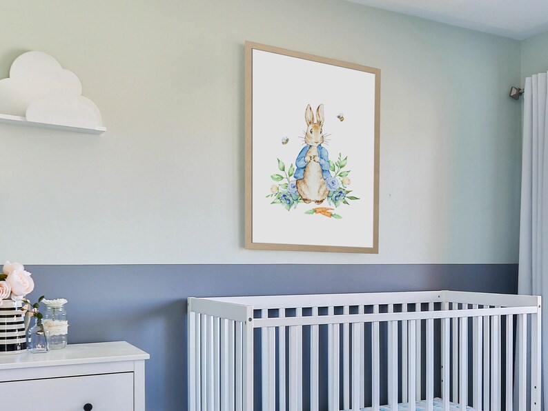 Peter Rabbit Wall Art Cute Bunny With Greenery Floral Print Boys ...