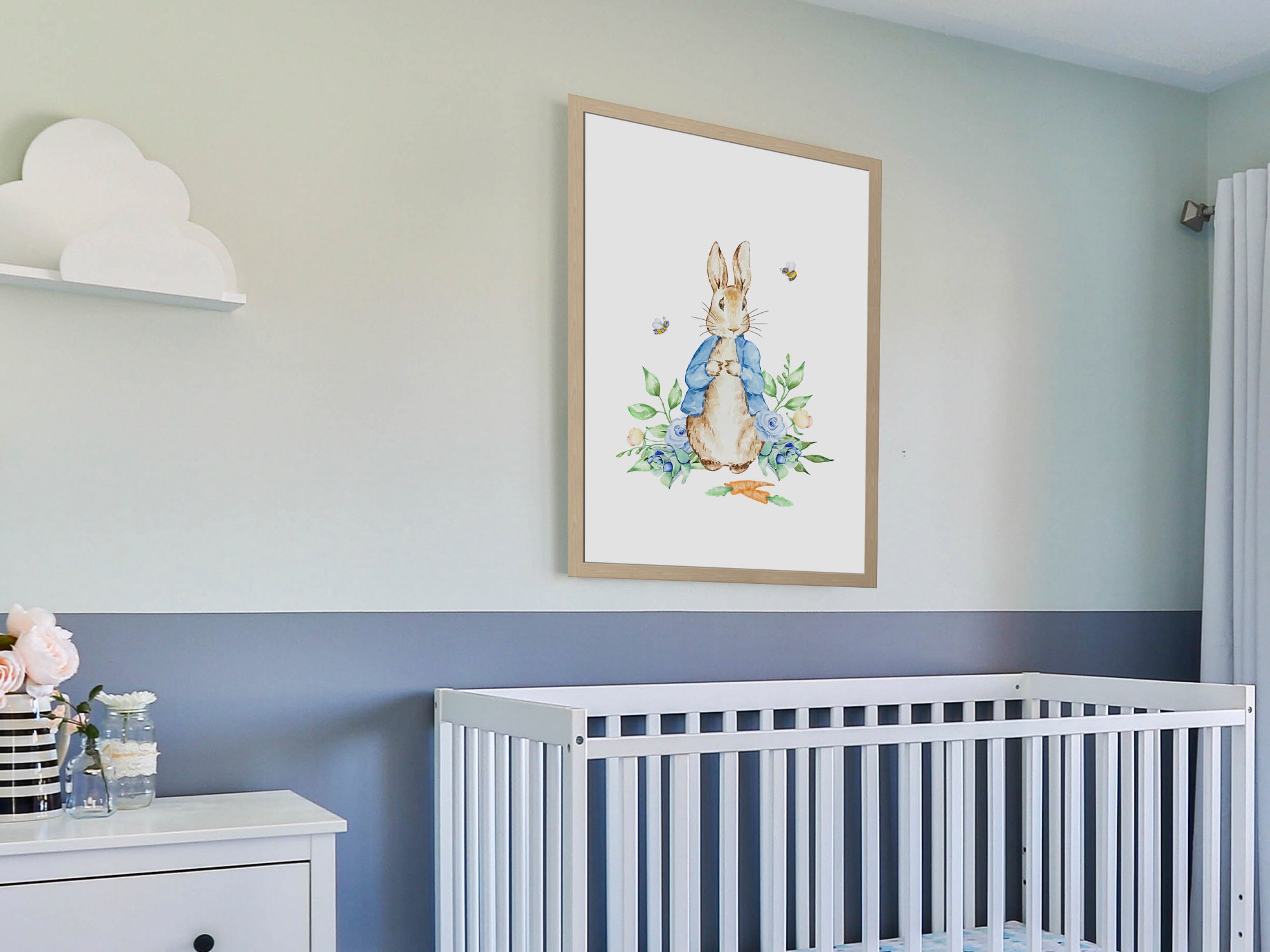 Peter Rabbit Wall Art Cute Bunny With Greenery Floral Print Boys ...